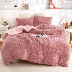 caromio fluffy duvet cover set king size, luxury soft faux fur duvet cover with button closure corner ties, 3 piece shaggy bedding set with 2 pillow sham for cold winter (king, pink)