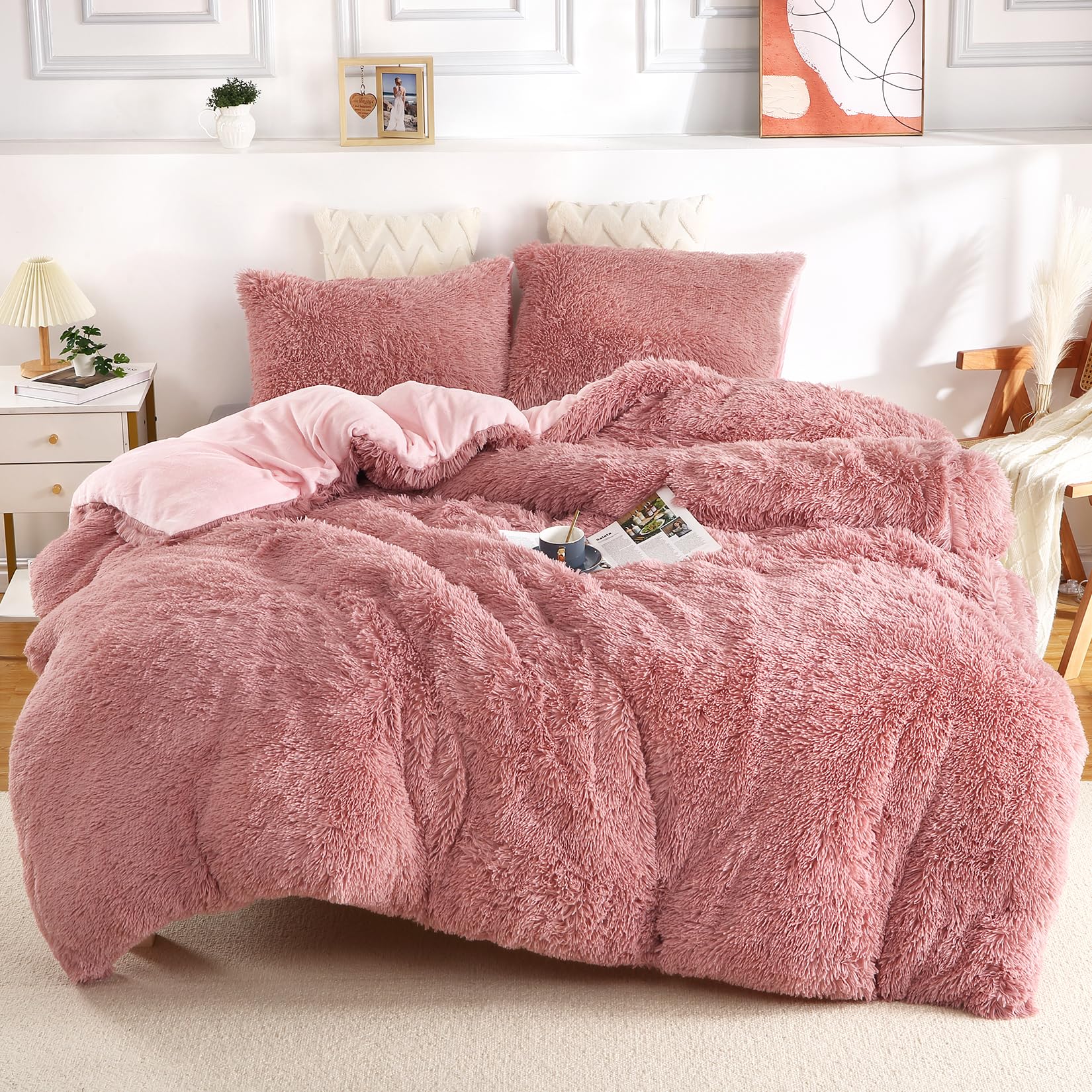 CAROMIO Fluffy Duvet Cover Set King Size, Luxury Soft Faux Fur Duvet Cover with Button Closure Corner Ties, 3 Piece Shaggy Bedding Set with 2 Pillow Sham for Cold Winter (King, Pink)