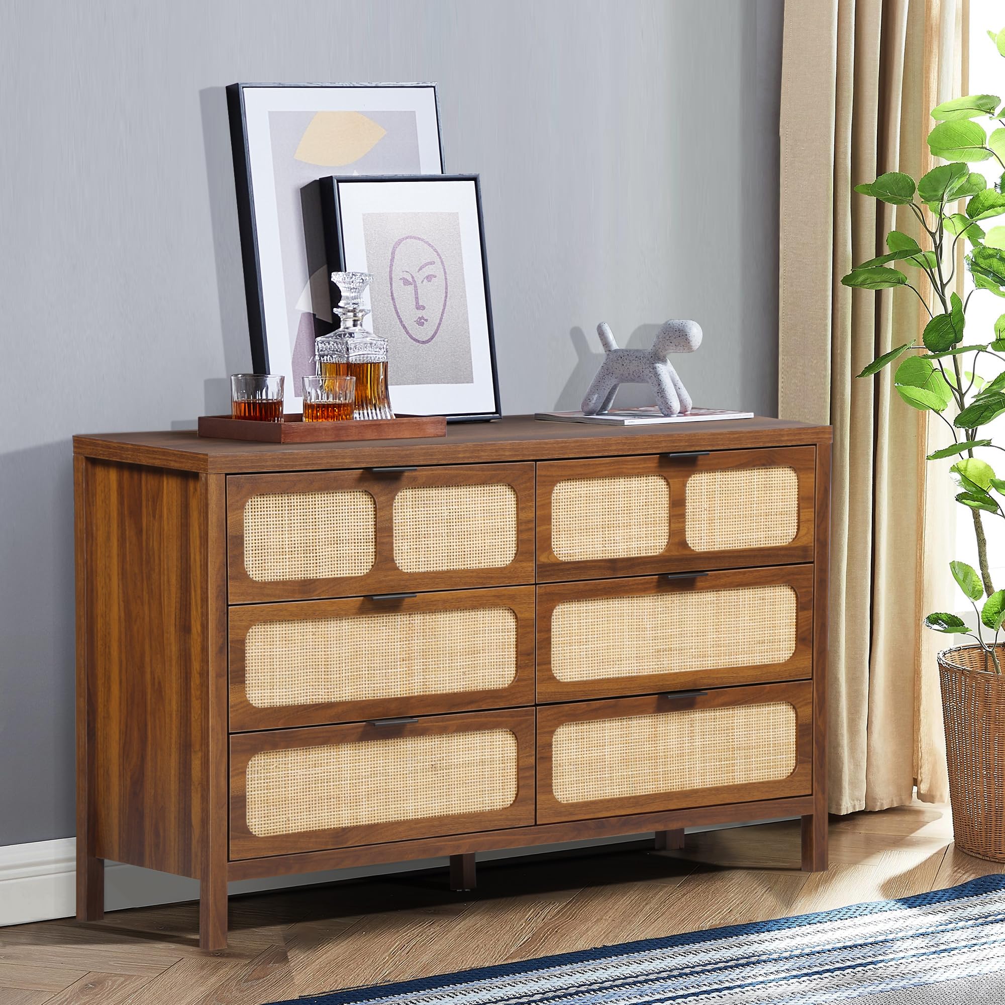 LEVNARY 6 Drawer Dresser for Bedroom, Rattan Dresser Drawer Organizer with Metal Handles, Accent Wood Chest of Drawers for Entryway, Closet, Living Room, Hallway, Nursery (Walnut)