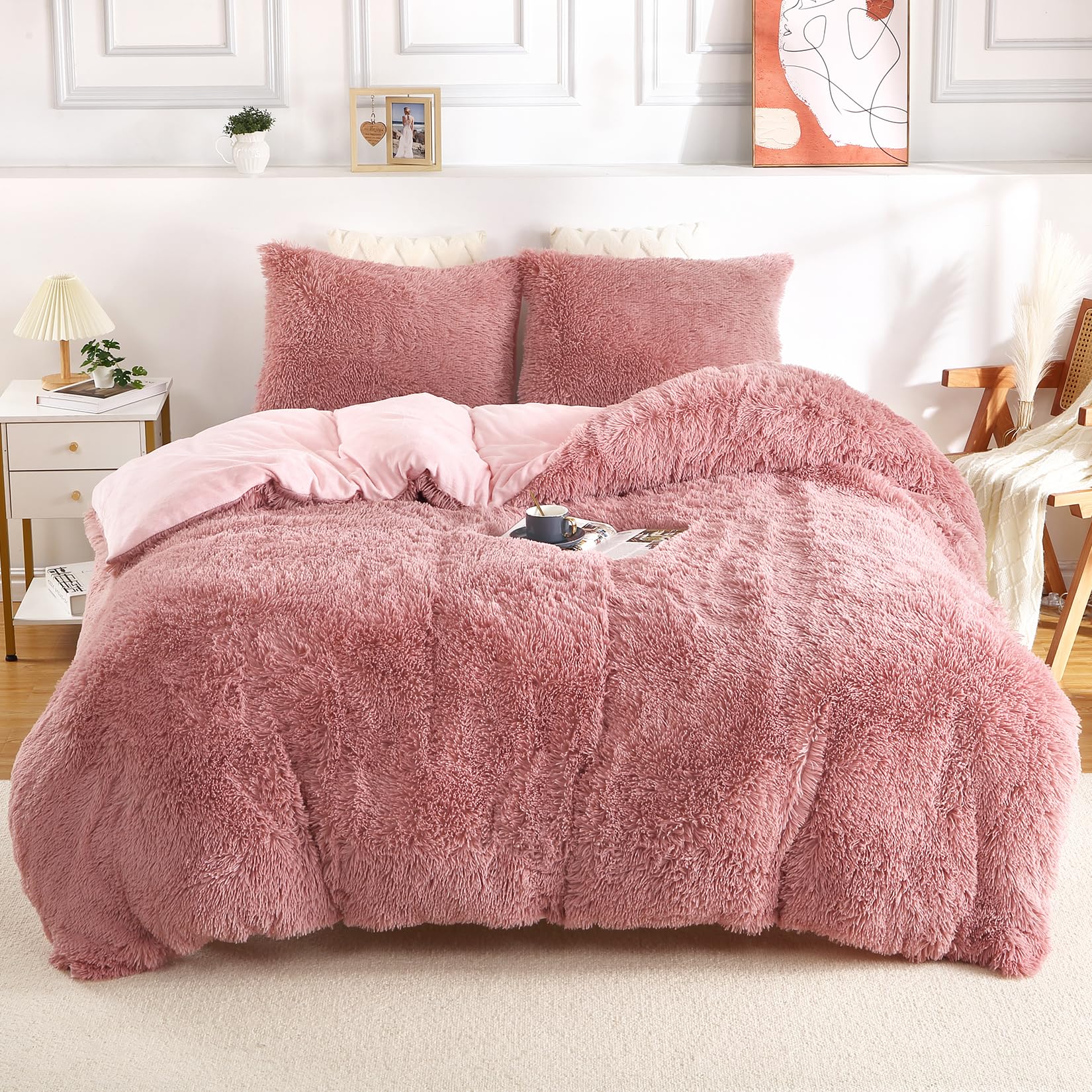 CAROMIO Fluffy Duvet Cover Set King Size, Luxury Soft Faux Fur Duvet Cover with Button Closure Corner Ties, 3 Piece Shaggy Bedding Set with 2 Pillow Sham for Cold Winter (King, Pink)