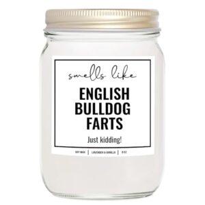 younique designs smells like english bulldog farts candle 8 oz - english bulldog gifts for bulldog lovers - bulldog lover gifts dog farts candle - funny bulldog themed gifts (lavender & vanilla)