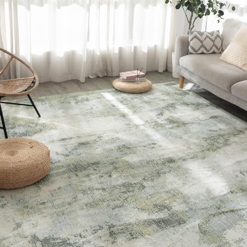 Carvapet Washable Rug 8x10, Green Modern Abstract Area Rugs, Low Pile Rugs with Rubber Backing, Stain Resistant Rugs for Living Room, Foldable Machine Washable Area Rug