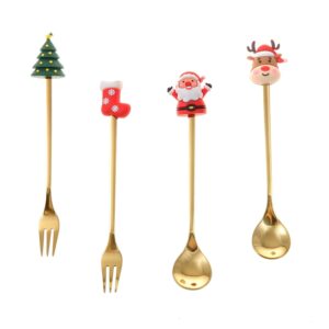 4Pack Stainless Steel Christmas Coffee Spoon and Xmas Dinner Forks Set -Dessert Spoon Fruit fork Ice Cream Iced Tea Spoon, Cake Forks - Gifts for Christmas Party Supply