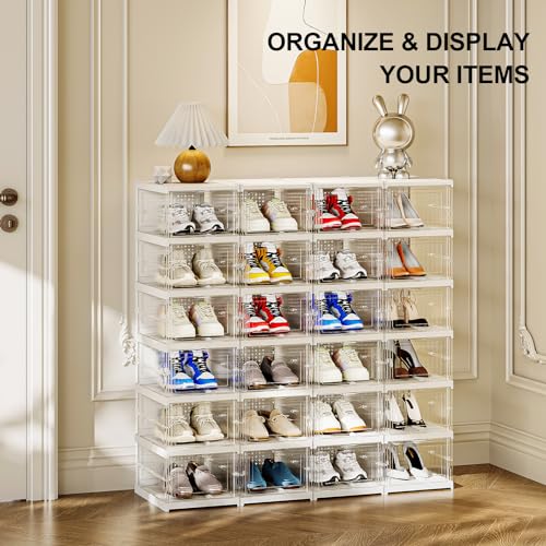 ZHAIXIAONIAN Foldable Shoe Rack Large Shoe Organizer for Closet 6 Tier Collapsible Shoe Storage Organizer Sneaker Containers Bins Holder Solid Clear Plastic Stackable Shoe Boxes, Fit US Size 13