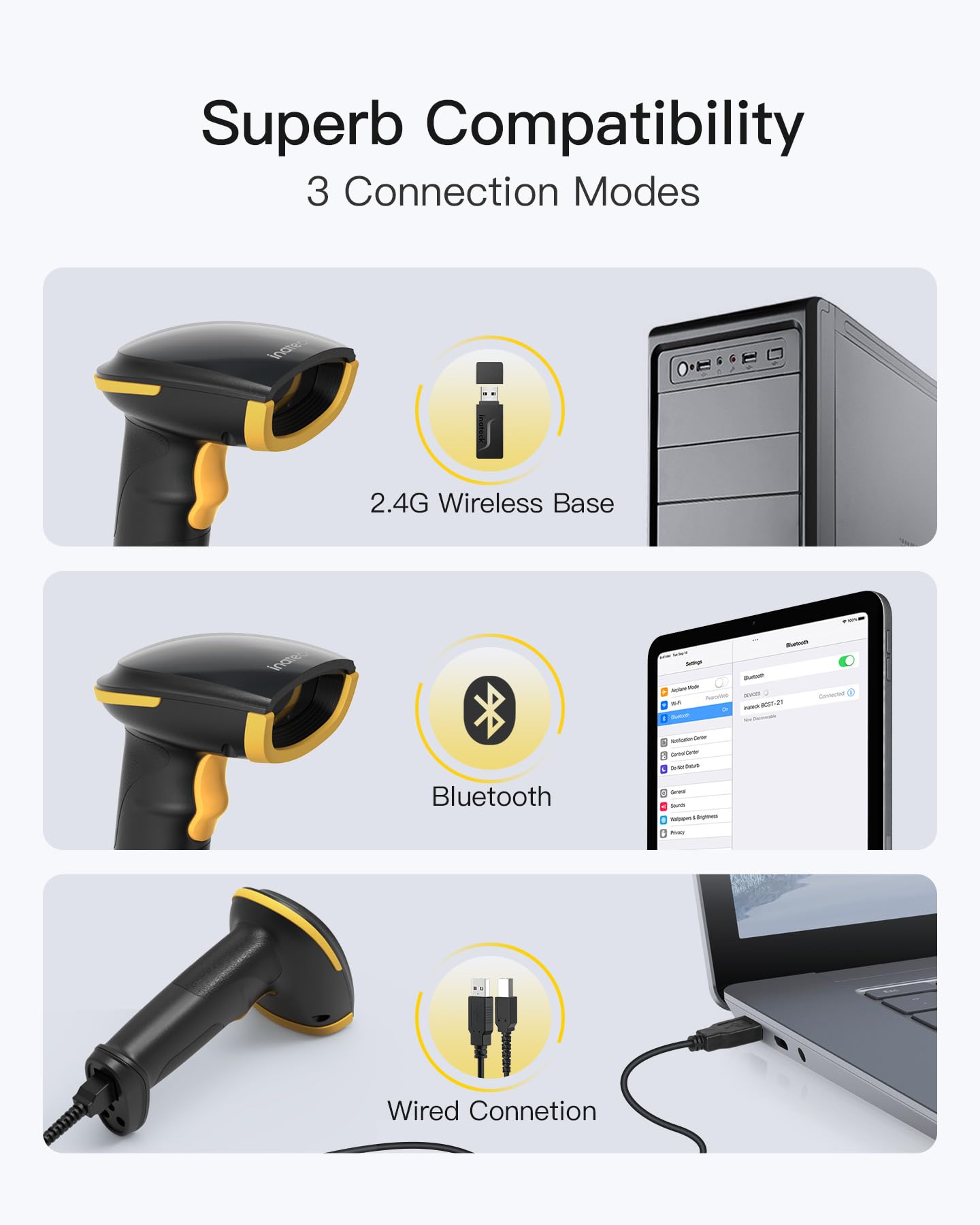 Inateck Wireless Barcode Scanner, Bluetooth Bar Code Scanner, 1D USB Barcode Reader Handheld, 1 Charge 3 Months, Scanner Barcode with APP and SDK