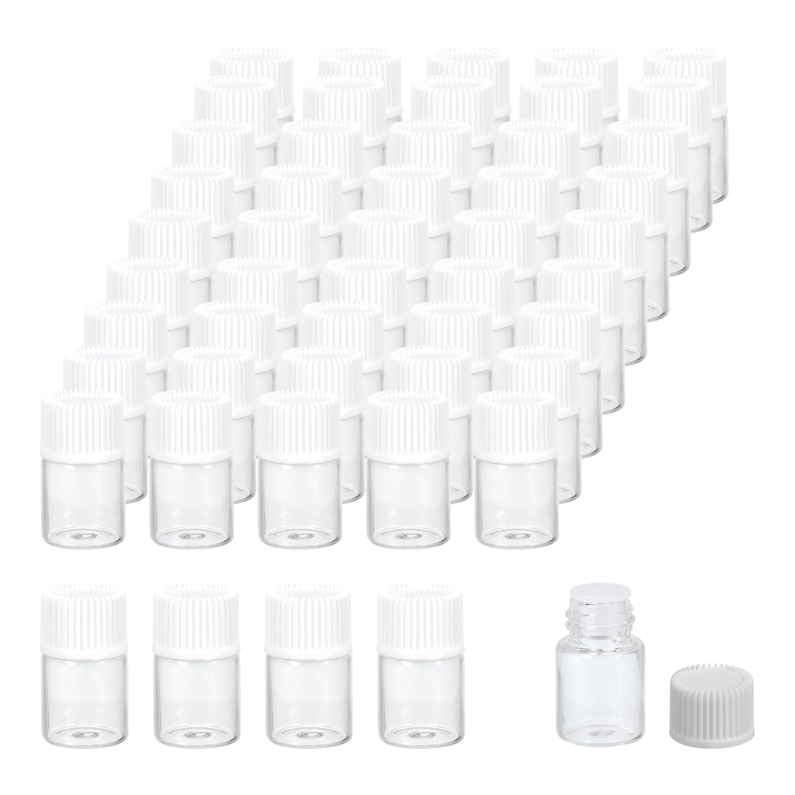 PATIKIL 2ml Essential Oil Bottles, 50 Pack Clear Glass Bottles with Orifice Reducer Sample Vial Screw Cap Storage Vials Container Style 1, White