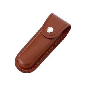 pocket knife sheath, 5" folding pocket edc knife case, portable pouch knife leather holster with snap closure and belt loop, accessory for outdoor climbing, camping, cycling and hiking, brown