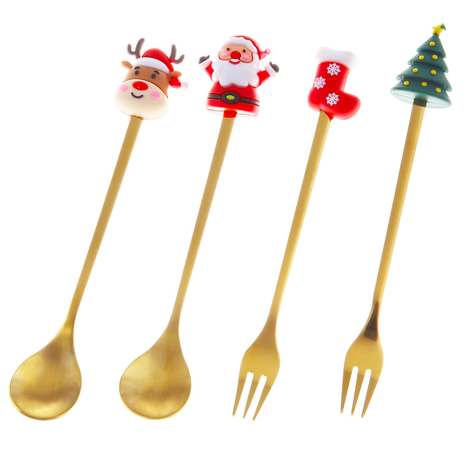 4Pack Stainless Steel Christmas Coffee Spoon and Xmas Dinner Forks Set -Dessert Spoon Fruit fork Ice Cream Iced Tea Spoon, Cake Forks - Gifts for Christmas Party Supply