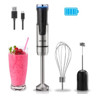 liebe&lecker cordless hand blender, immersion blender handheld usb rechargeable 8 variable speeds with whisk, milk frother attachments, portable stick blender for milkshakes, smoothies & soups.