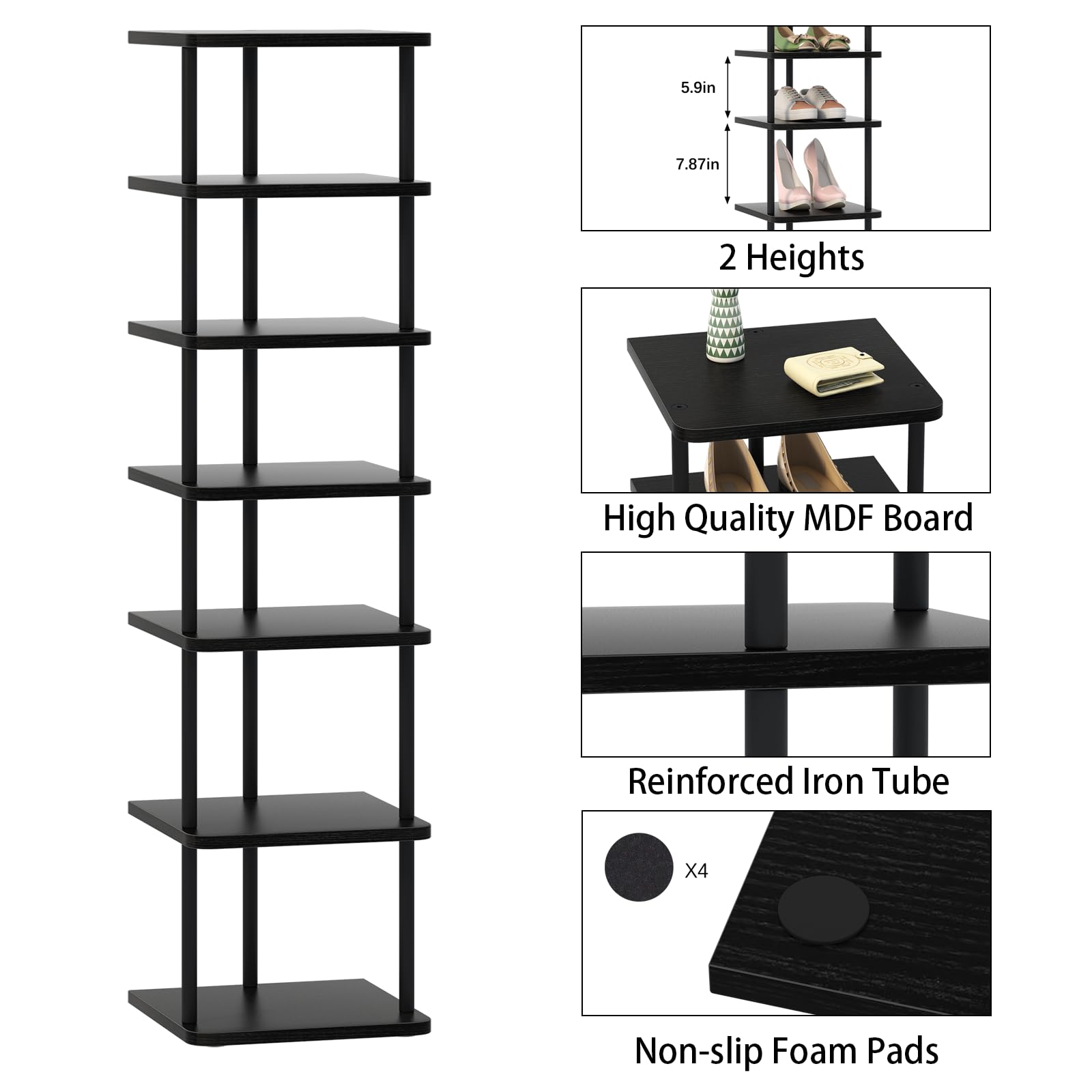 Garden 4 you Shoe Rack Organizer 7 Tier Vertical Storage Stand, Modern Corner Free Standing Shoe Tower, Narrow Metal Slim Shelf for Closet, Entryway,Front Door, Small Spaces, Black