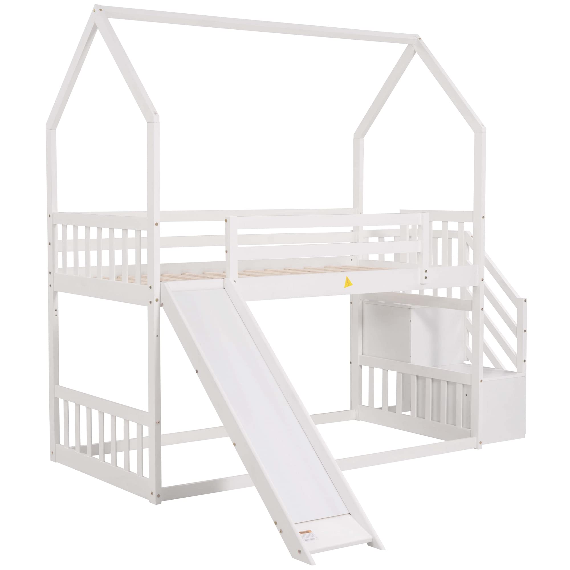 LostCat Twin Over Twin Bunk Bed with Convertible Slide, House Shaped Pine Bunk Bed with Safety Guardrail, Ladder& Storage Staircase, No Box Spring Needed, Suitable for Girls Boys White