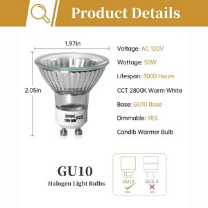 Elenhome GU10 Halogen Light Bulbs, 6 Pack 120V 50W Dimmable MR16 GU10+C Halogen Light Bulbs with Glass Cover, 2800K Warm White Scent Wax Burner Light Bulb & Recessed Light Bulbs for Candle Warmer Lamp