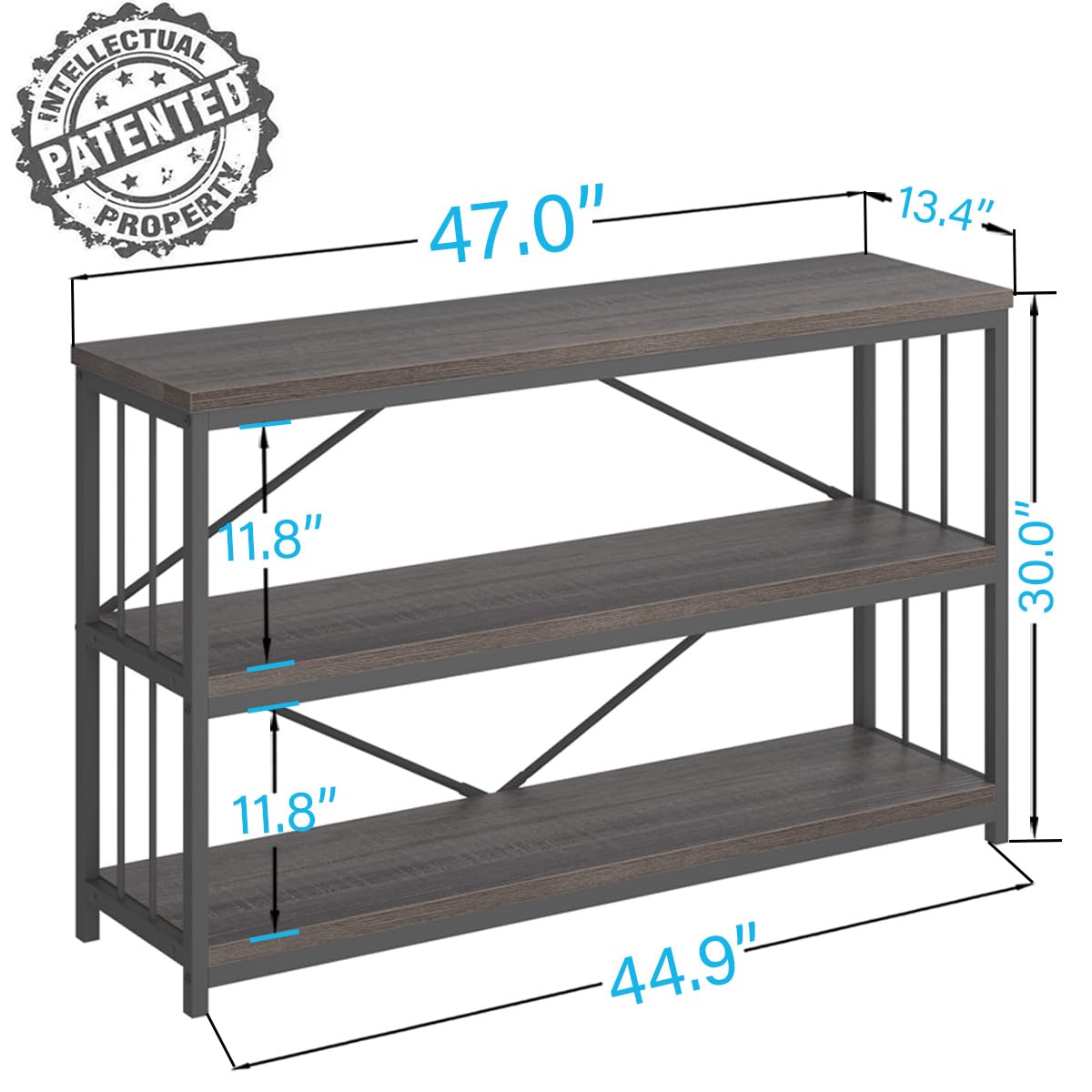 LVB Industrial Console Entryway Table, Modern Metal Sofa Table Behind Couch, Rustic Wood Foyer Tables with Storage Shelves, 3 Tier TV Stand Accent Table for Hallway Living Room, Dark Gray Oak, 47 inch