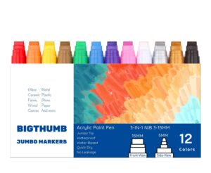 bigthumb jumbo poster markers set: 12 colors large 15mm wide tip permanent ink thick acrylic paint pens for rock painting, stone, glass, wood, ceramic, metal, plastic, fabric