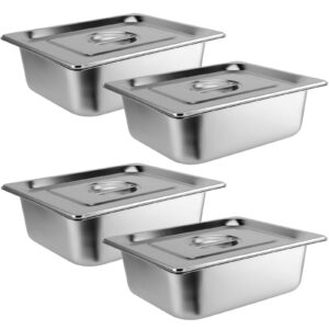 japchet 4 pack stainless steel steam pan with lids 1/2 size, anti-jam steam table pan, hotel pans half size restaurant buffet trays for catering, 4 inch deep