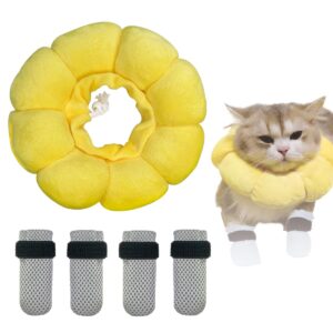 gsyuwih 5pcs cat mittens to prevent scratching and cat cone collar soft,cute cat recovery collar,adjustable breathable cat shoes,ideal for post surgical recovery and nail trimming in cats