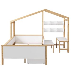 Harper & Bright Designs House Bed for Kids Full Storage Bed with Desk, Bench, Bookshelf and Drawers, Wooden Full Size Platform Bed with Guardrail, for Kids Teens Girls Boys (White + Natural)