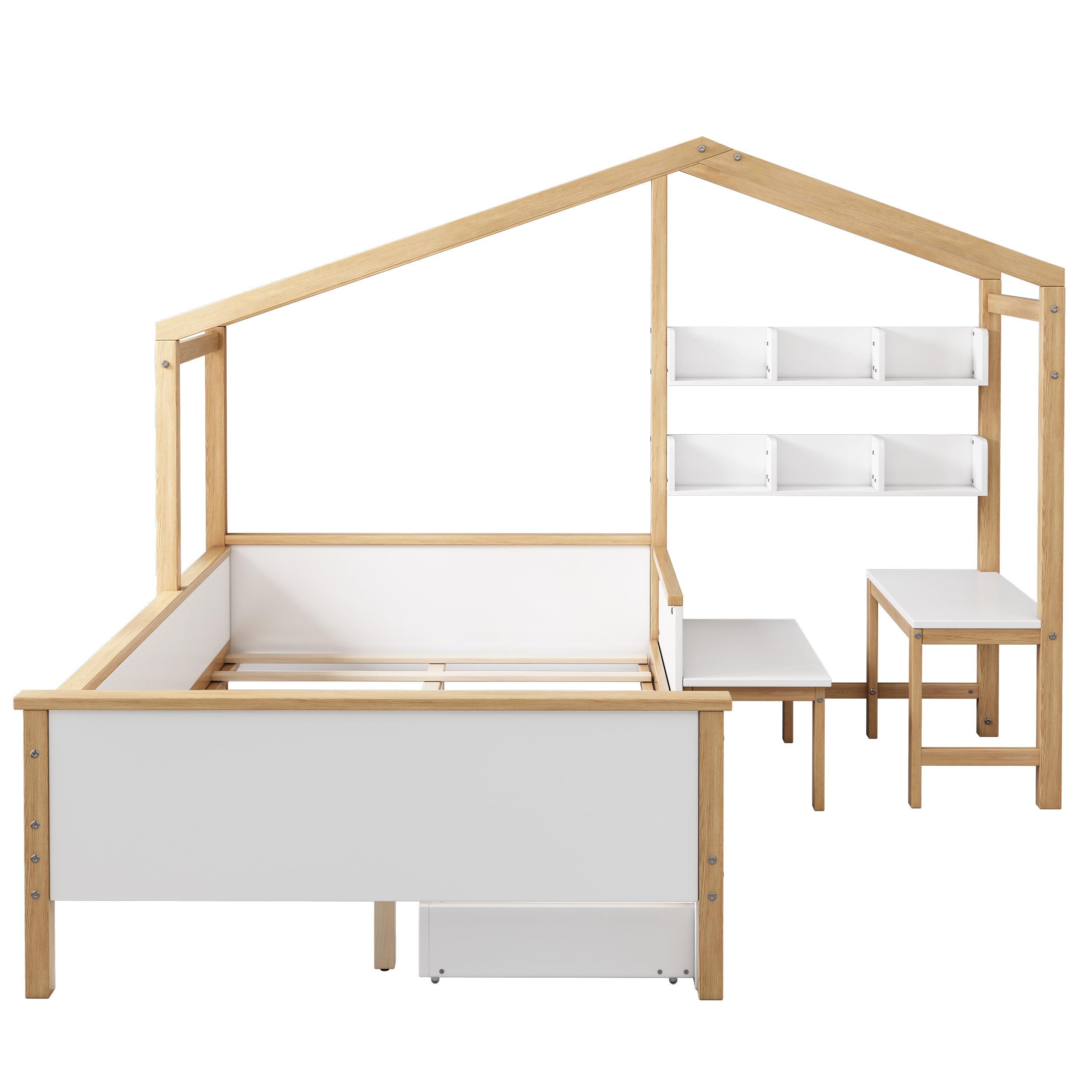 Harper & Bright Designs House Bed for Kids Full Storage Bed with Desk, Bench, Bookshelf and Drawers, Wooden Full Size Platform Bed with Guardrail, for Kids Teens Girls Boys (White + Natural)