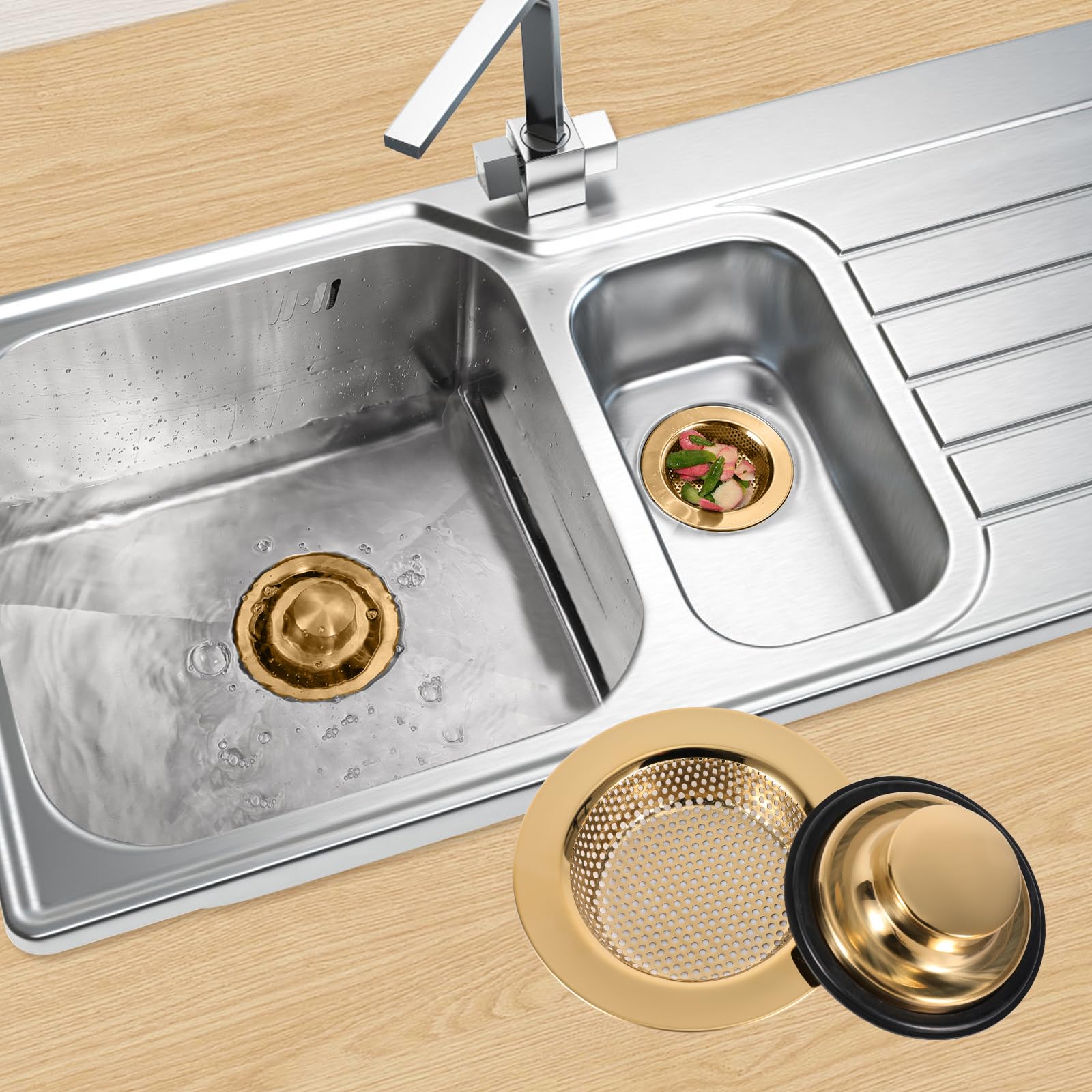 RQYEKDO Kitchen Sink Strainers Sink Stopper Kits, Stainless Steel Sink Drain Strainer Set, Large Wide Rim 4.5" Diameter Food Catcher Garbage Disposal Plug for Most Sink Drains Basket Filter（Gold）