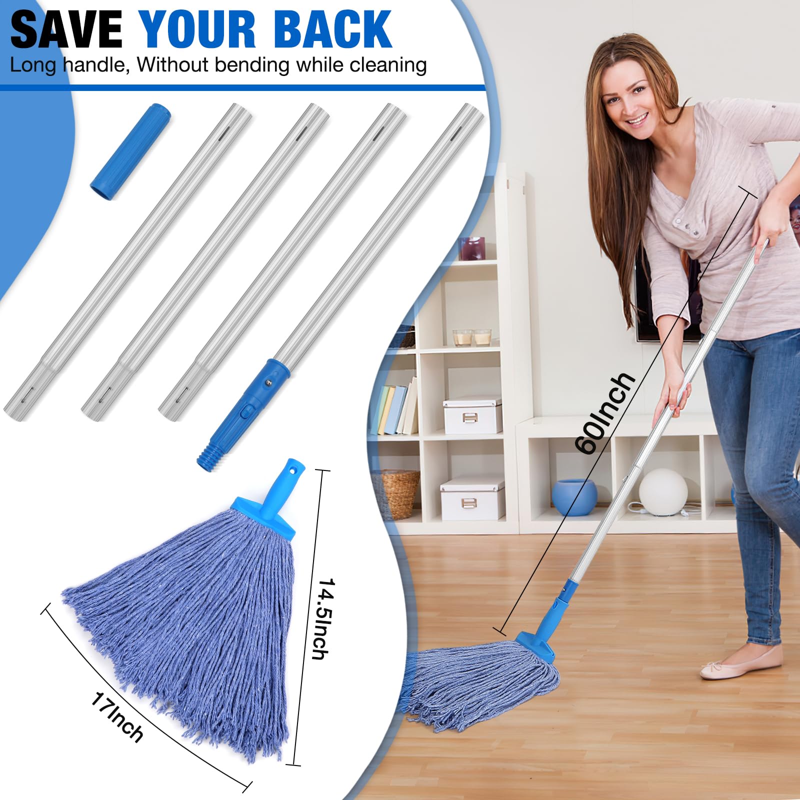 Heavy Duty Commercial Industrial Mop for Floor Cleaning,Beyoco String Wet Mop with Long Handle,Cotton Mop for Home,Garage,Office, Workshop Floor Cleaning- Blue