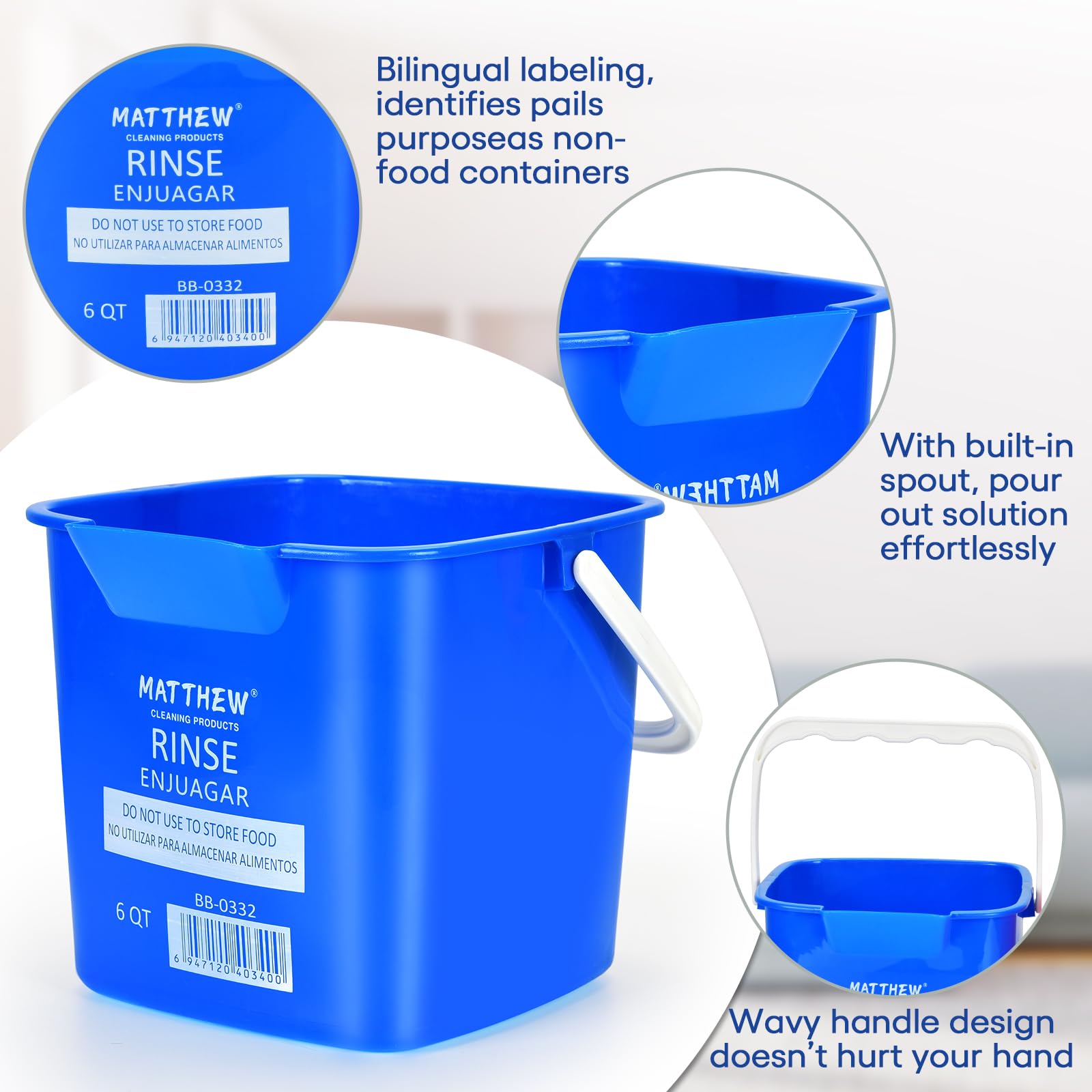 Matthew Detergent&Sanitizing Cleaning Bucket 6 Quart Plastic Pail,Set of 12 Square Containers,Built-in Spout w/Handle,Wash Rinse Sanitize Handwash Bucket for Home Office Commercial Restaurant (Blue)