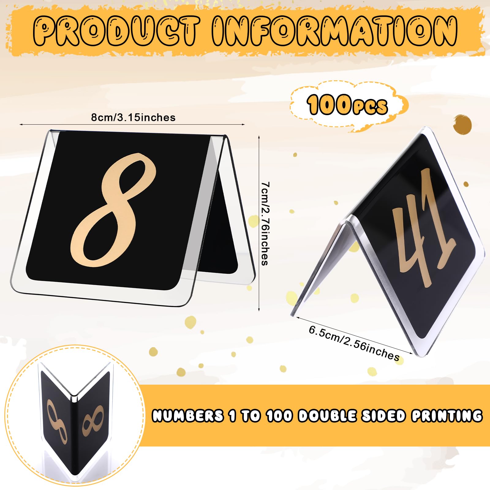 Suzile Table Numbers 1-100, 100-piece Double Sided Gold Acrylic Table Number Tents, 3.15" x 2.75" Number Signs for Receptions, Banquets, Restaurants, and Wedding(Black and Gold)