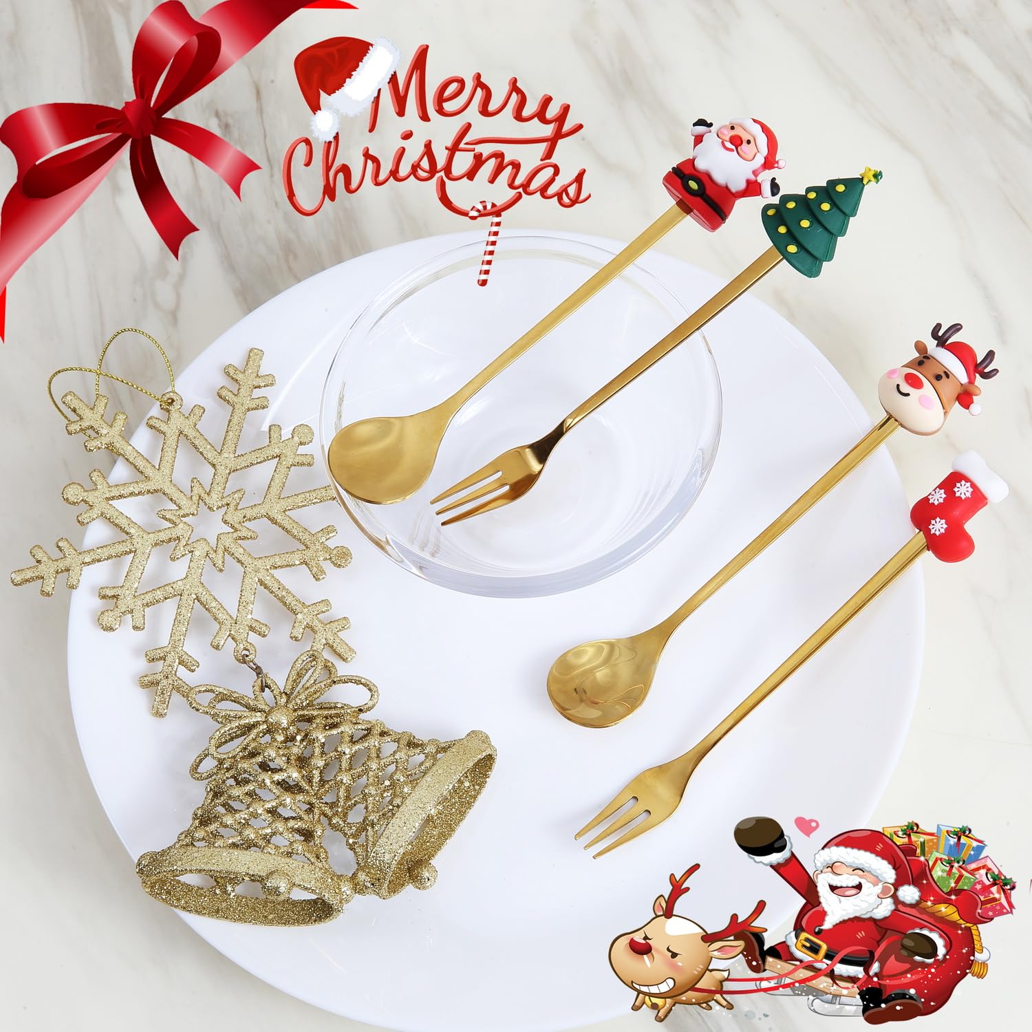 4Pack Stainless Steel Christmas Coffee Spoon and Xmas Dinner Forks Set -Dessert Spoon Fruit fork Ice Cream Iced Tea Spoon, Cake Forks - Gifts for Christmas Party Supply