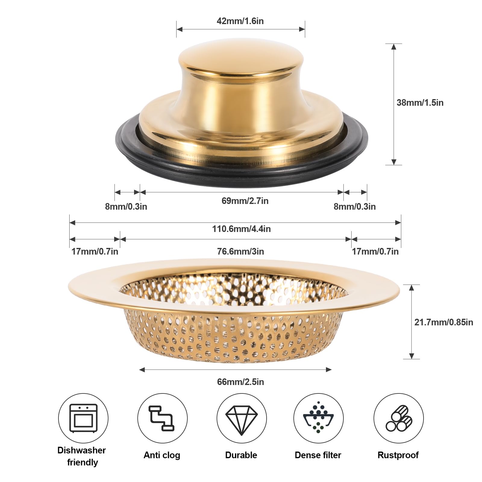 RQYEKDO Kitchen Sink Strainers Sink Stopper Kits, Stainless Steel Sink Drain Strainer Set, Large Wide Rim 4.5" Diameter Food Catcher Garbage Disposal Plug for Most Sink Drains Basket Filter（Gold）