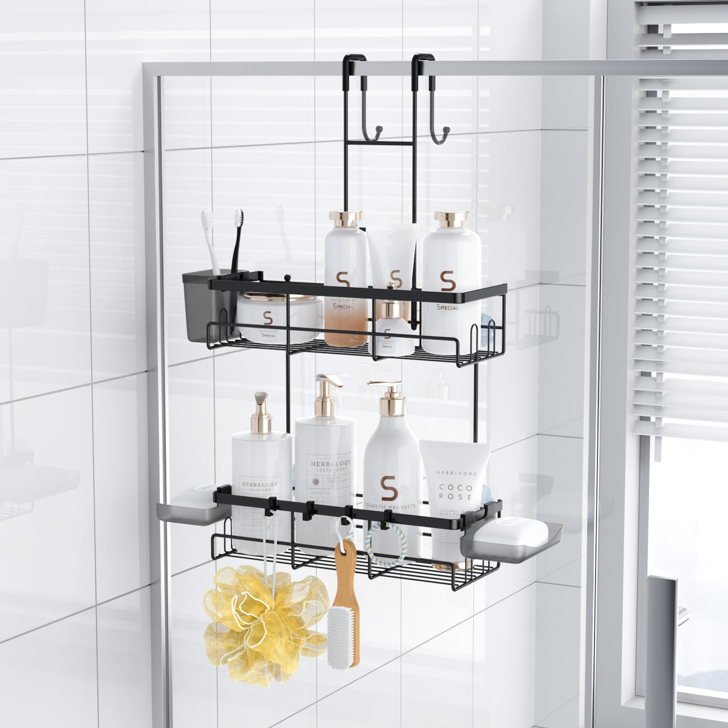 Aitatty Over the Door Shower Caddy Hanging: Black Rustproof Shower Organizer over the Door - No Drilling Bathroom Rack for Inside Shower