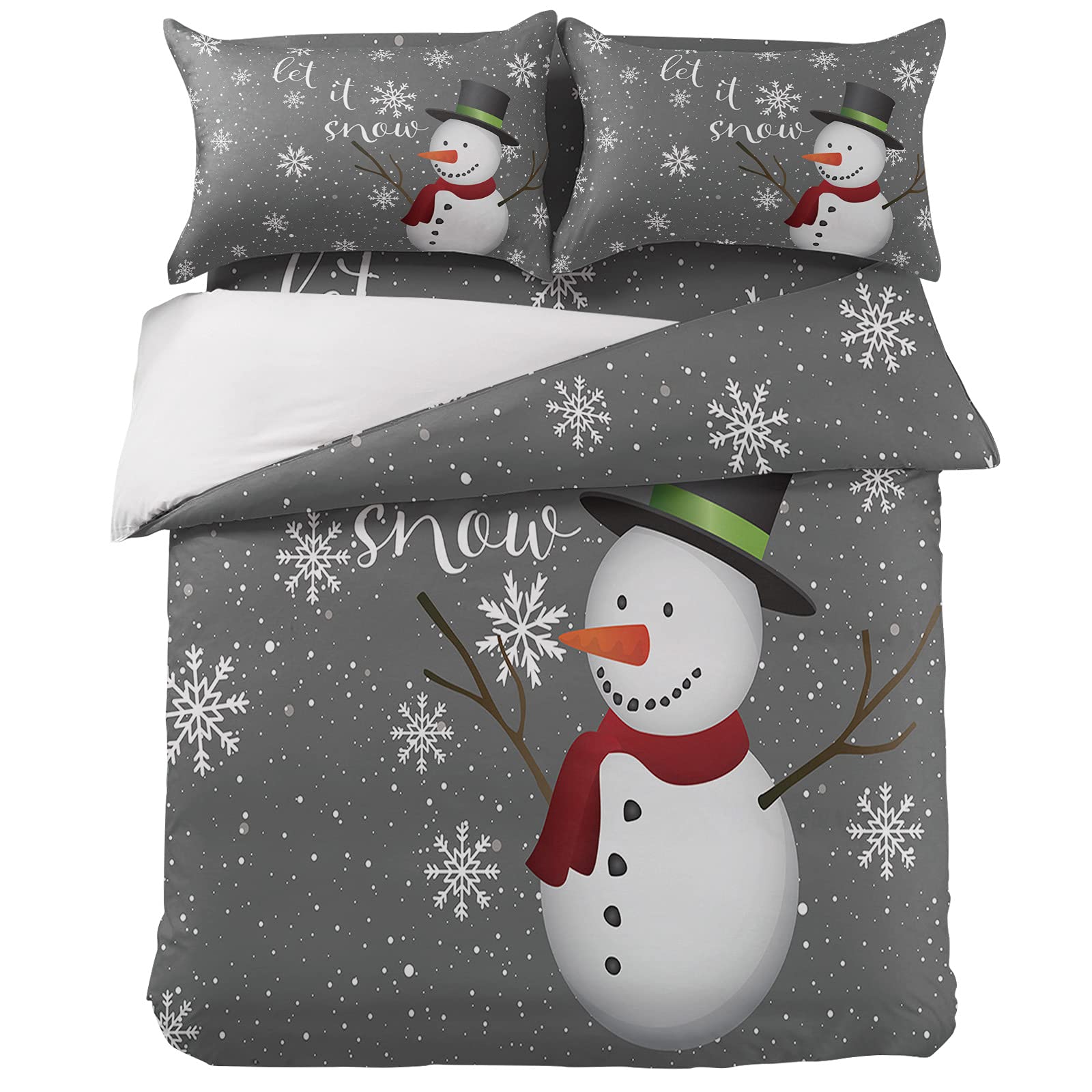 Christmas Snowman 4 Pieces Duvet Cover Queen Bedding Sets,Winter Snowflakes Luxury Soft Comforter Cover Set with Bed Sheet,White Snow Gray Bed Quilt Cover with Pillowcases for Bedroom Decor