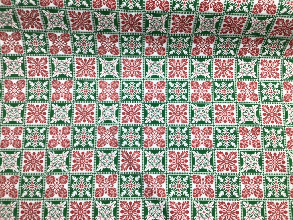 Hawaiian Quilt Design in Christmas Red & Green Small Quilt Design Hawaiian Print Fabric Sold by The Yard