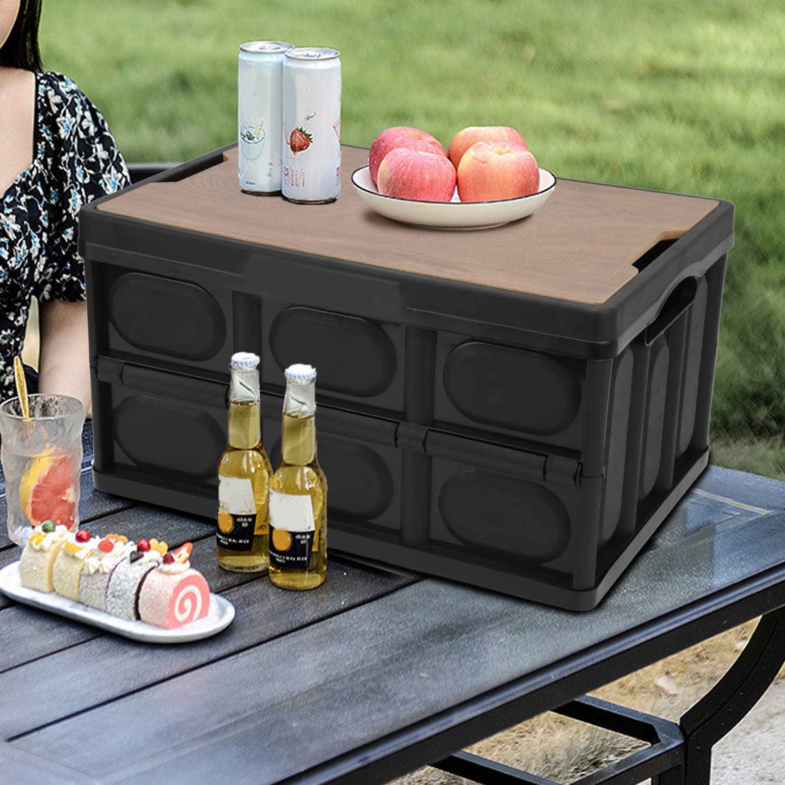 Folding Storage Box with Wooden Cover, 30L Collapsible Storage Bins with Lid, Camping Storage Container for Camping, Car Storage, Home Sorting (42x28.5x23.5cm/16.5x11.2x3 Inch)(Black)