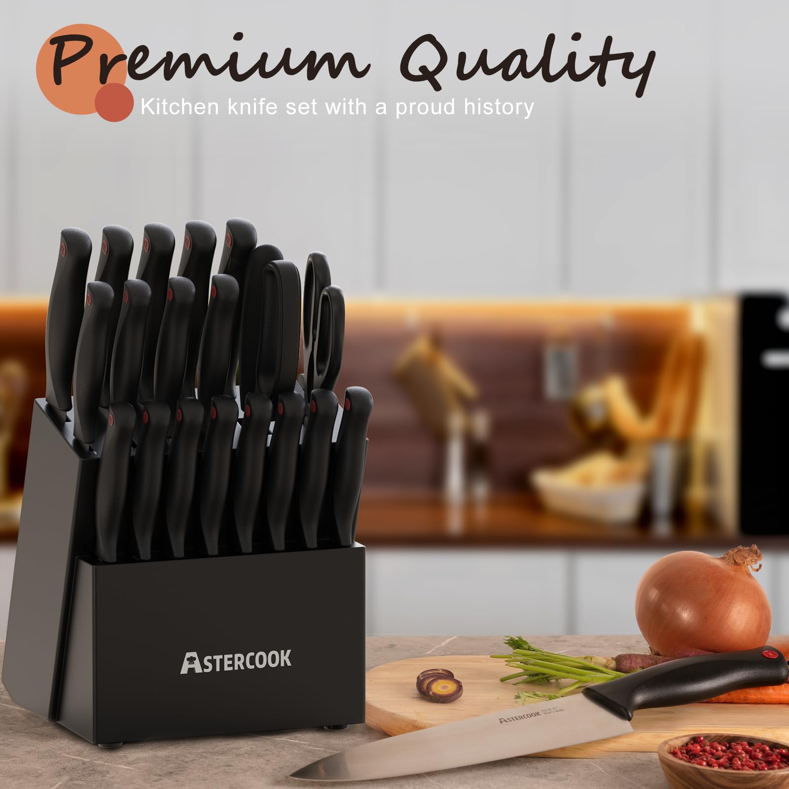 Knife Set, Astercook 21 Pieces Knife Sets for Kitchen with Block, Dishwasher Safe Kitchen Knife Set with Built-in Sharpener, Black