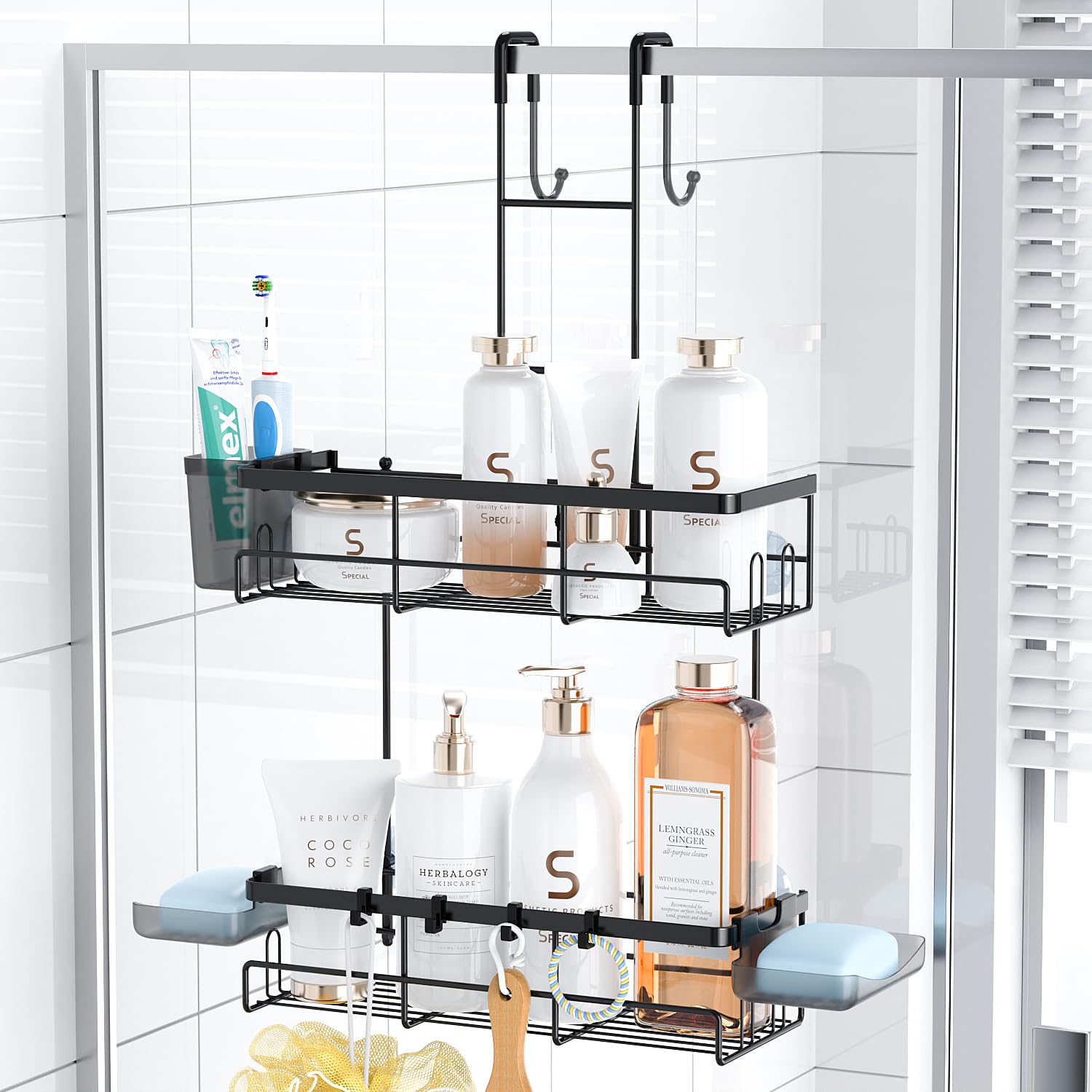 Aitatty Over the Door Shower Caddy Hanging: Black Rustproof Shower Organizer over the Door - No Drilling Bathroom Rack for Inside Shower