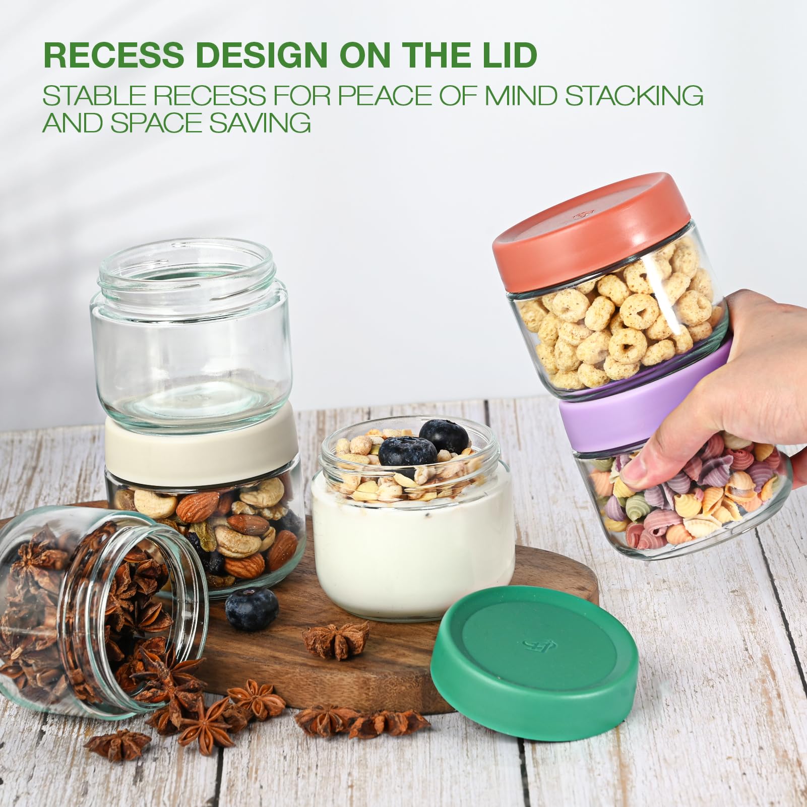 Hoa Kinh 10oz 12Pack Glass Food Storage Jars with Lids, Leak Proof Small Glass Jars for Overnight Oats, Cereal, Clear Empty Glass Jars with Lids for Kitchen(Red, Green, Purple and White)