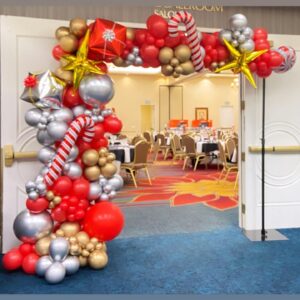 Bonropin Christmas Balloon Garland Arch Kit with Xmas Red and Gold Silver Balloons Candy Cane Balloons Gift Box Balloons Starburst Balloons for New Year Winter Christmas Party Decorations