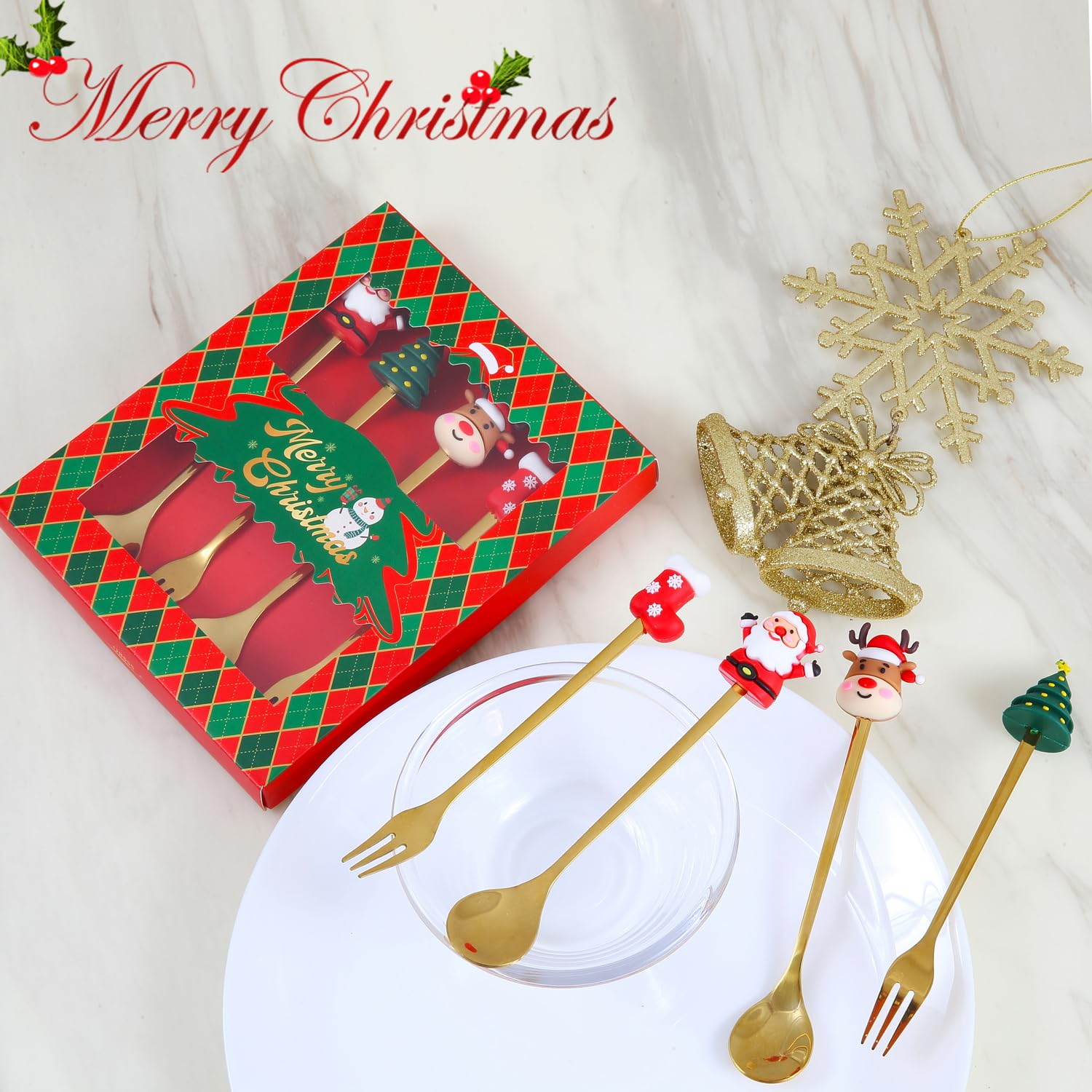 4Pack Stainless Steel Christmas Coffee Spoon and Xmas Dinner Forks Set -Dessert Spoon Fruit fork Ice Cream Iced Tea Spoon, Cake Forks - Gifts for Christmas Party Supply