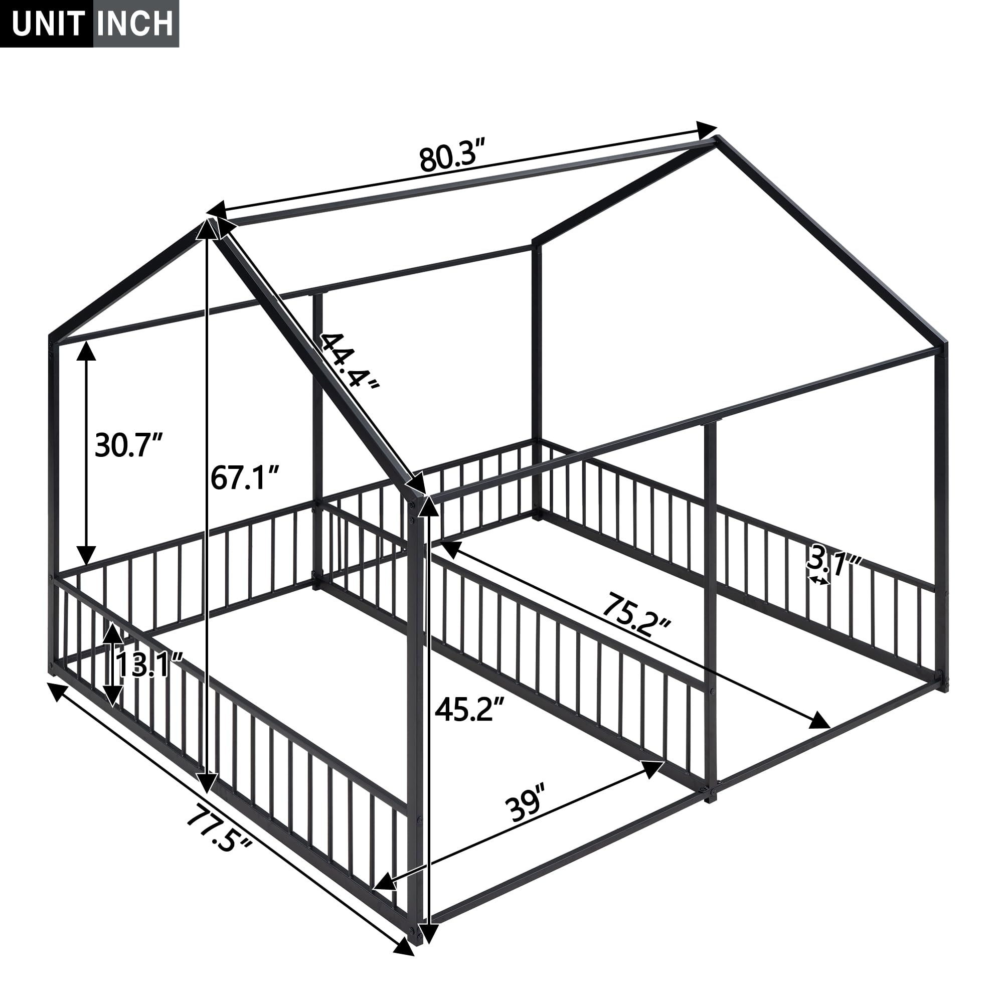 Twin Floor Beds for 2 Kids, Two Twin Size Metal House Bed Frame with Rails, Double Shared Beds Montessori Bed for Boys Girls Teens, Black