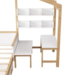 Harper & Bright Designs House Bed for Kids Full Storage Bed with Desk, Bench, Bookshelf and Drawers, Wooden Full Size Platform Bed with Guardrail, for Kids Teens Girls Boys (White + Natural)