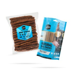 sitka farms happy tails pack crunchy beef sticks for dogs 5 inch (50 pack) & extra large bully sticks 6 inc (10 pack) - all-natural dog treats and chews - for small, medium and large dogs