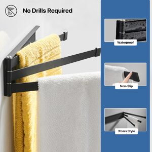 Foldably 180° Rotating 3-Arm Towel Multipurpose Rack - No Nail, Stick with Glue (Included) - Non-Slip, Waterproof & Made of Iron - Maximize Storage in Bathroom, Bedroom, Kitchen (White)