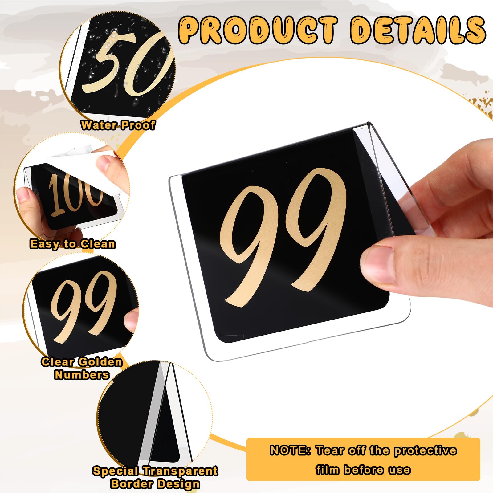 Suzile Table Numbers 1-100, 100-piece Double Sided Gold Acrylic Table Number Tents, 3.15" x 2.75" Number Signs for Receptions, Banquets, Restaurants, and Wedding(Black and Gold)