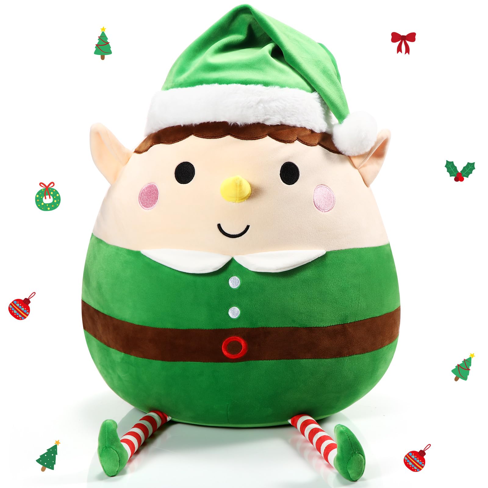 Huwena 14 Inch Christmas Plush Pillow Decorations Soft Cuddly Xmas Throw Pillow Large Hugging Stuffed Cushion for Christmas Holiday Party Favor Gift New Year Home Bedroom Sofa Decors(Green Elf)