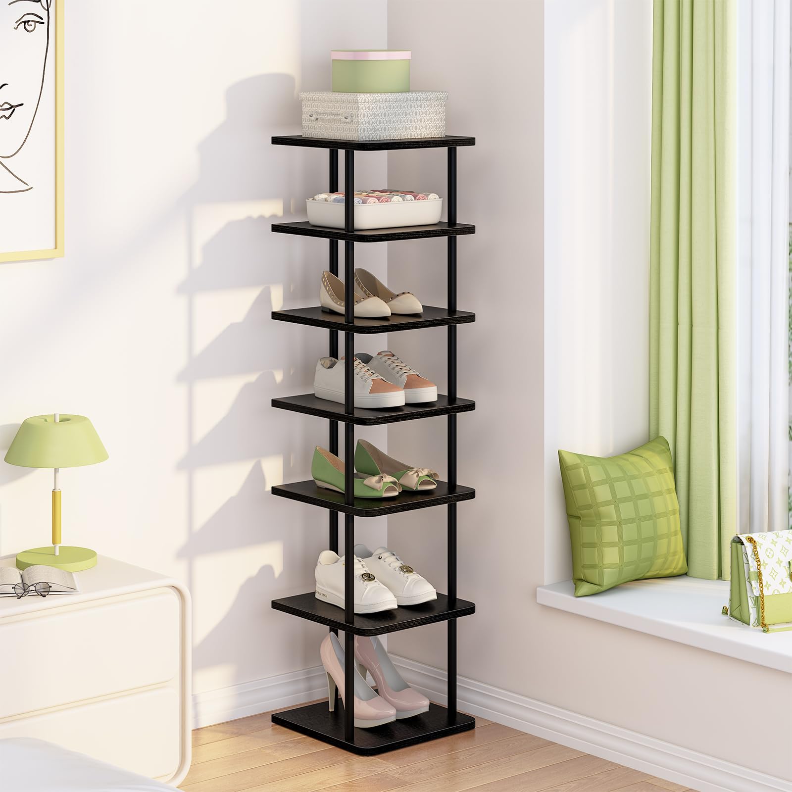 Garden 4 you Shoe Rack Organizer 7 Tier Vertical Storage Stand, Modern Corner Free Standing Shoe Tower, Narrow Metal Slim Shelf for Closet, Entryway,Front Door, Small Spaces, Black