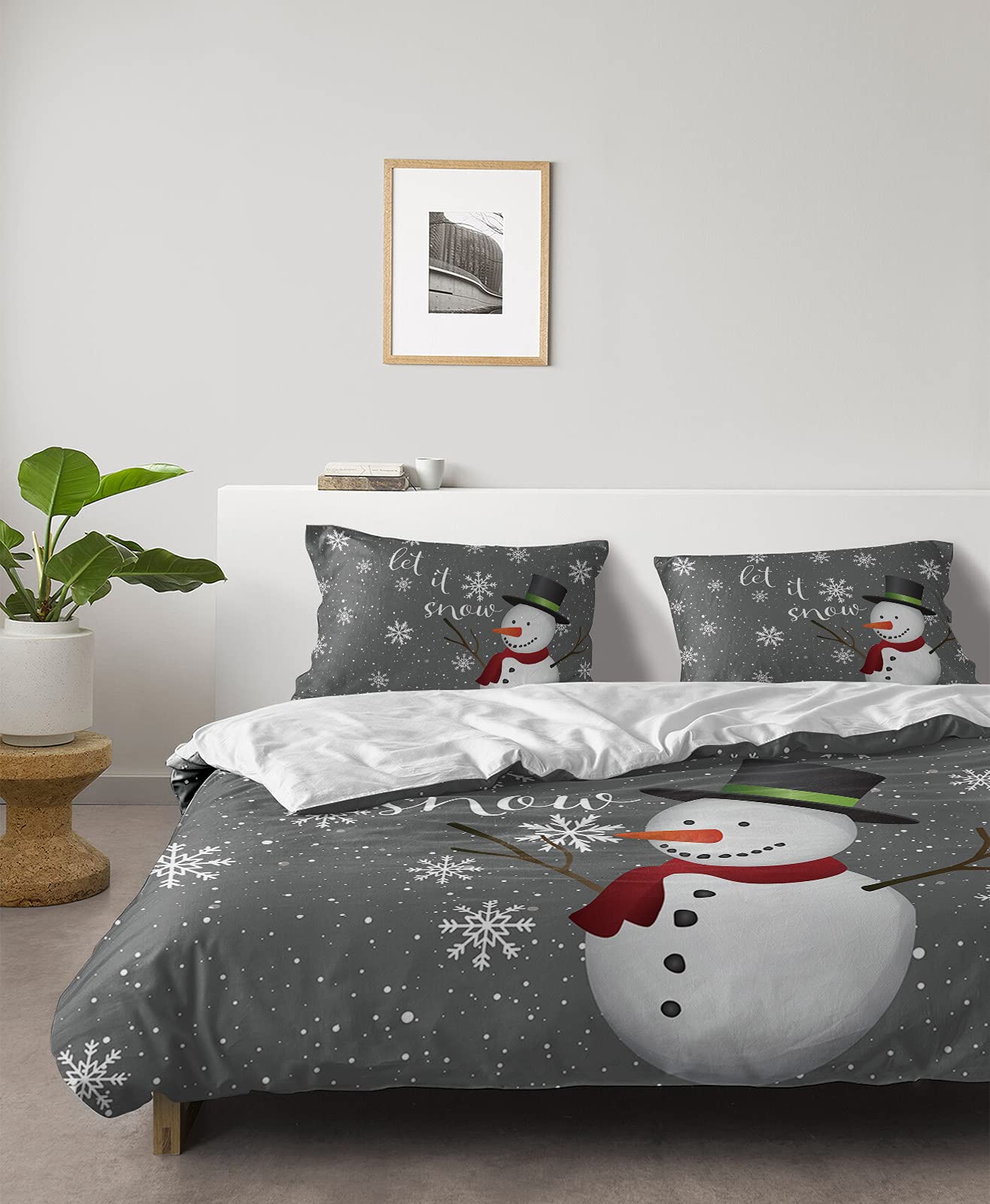 Christmas Snowman 4 Pieces Duvet Cover Queen Bedding Sets,Winter Snowflakes Luxury Soft Comforter Cover Set with Bed Sheet,White Snow Gray Bed Quilt Cover with Pillowcases for Bedroom Decor