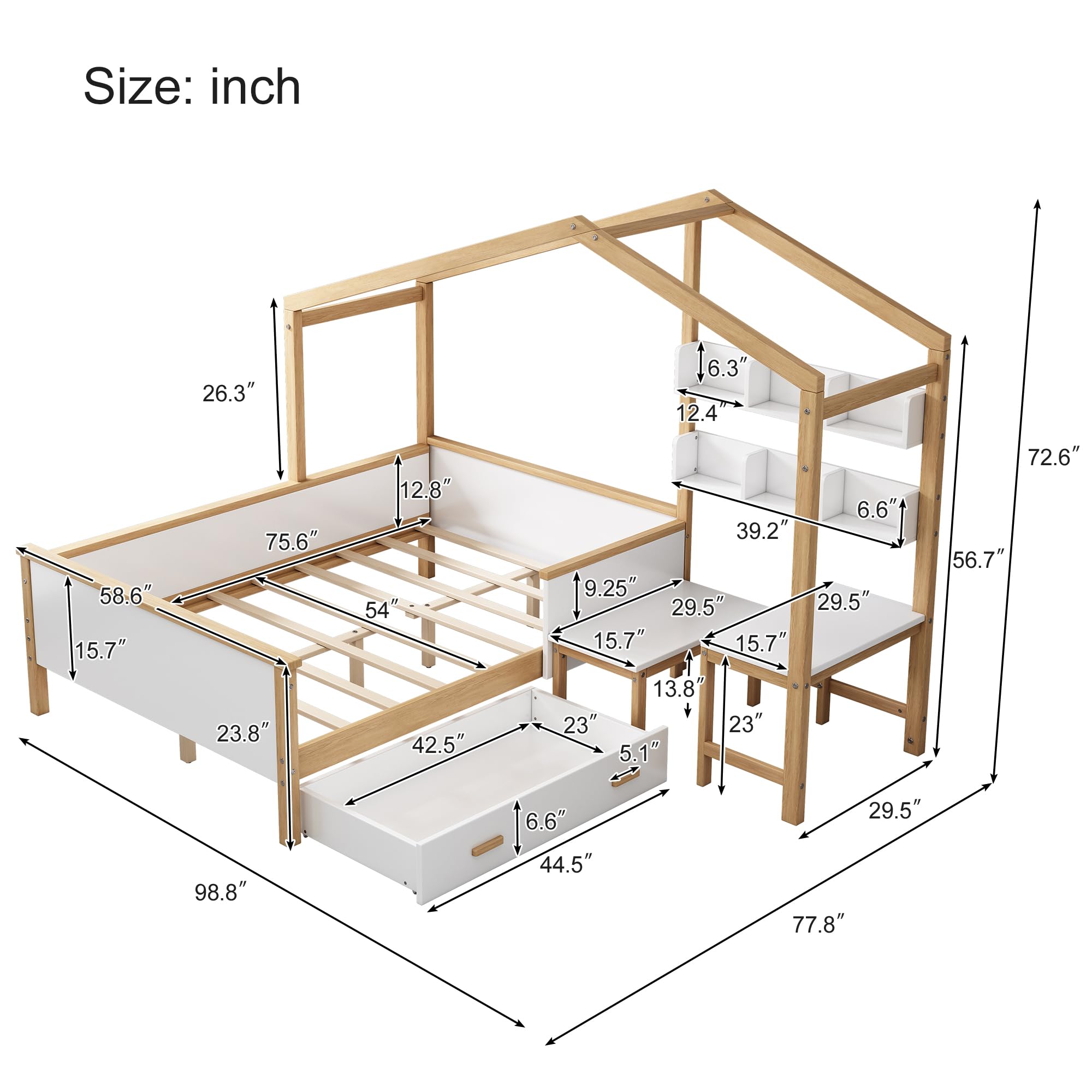 Harper & Bright Designs House Bed for Kids Full Storage Bed with Desk, Bench, Bookshelf and Drawers, Wooden Full Size Platform Bed with Guardrail, for Kids Teens Girls Boys (White + Natural)