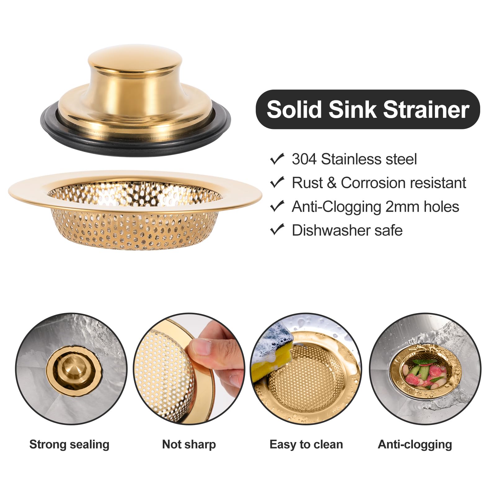 RQYEKDO Kitchen Sink Strainers Sink Stopper Kits, Stainless Steel Sink Drain Strainer Set, Large Wide Rim 4.5" Diameter Food Catcher Garbage Disposal Plug for Most Sink Drains Basket Filter（Gold）