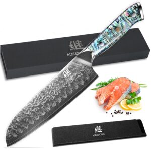 keizoku damascus steel santoku knife 7 inch, japanese professional 10cr15mov blade with hand forged hammer pattern, ultra sharp kitchen knife with abalone shell ergonomic handle