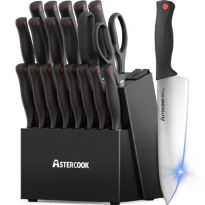 knife set, astercook 21 pieces knife sets for kitchen with block, dishwasher safe kitchen knife set with built-in sharpener, black