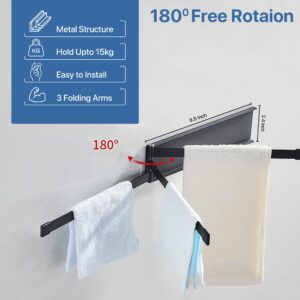 Foldably 180° Rotating 3-Arm Towel Multipurpose Rack - No Nail, Stick with Glue (Included) - Non-Slip, Waterproof & Made of Iron - Maximize Storage in Bathroom, Bedroom, Kitchen (White)